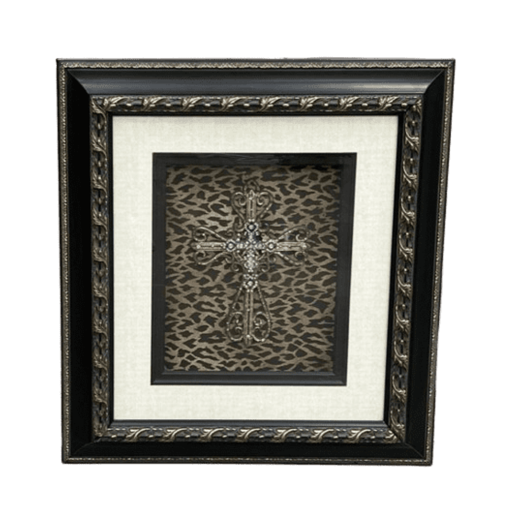 Jeweled Metal Cross on Leopard Mat with Crystals - Luxuria